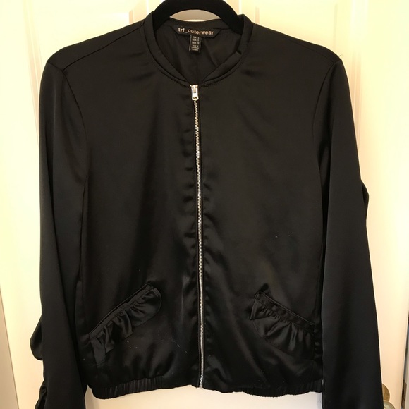 Zara | Jackets & Coats | Zara Black Bomber Jacket With Ruffle Detail ...